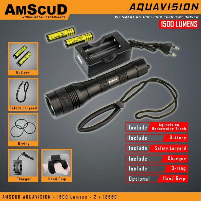 AmScuD Aquavision Dive Light Smart eLED 1500 Lumens Runs on 2 x 18650 ...