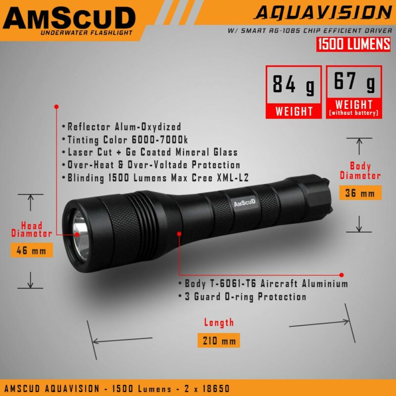 AmScuD Aquavision Dive Light Smart eLED 1500 Lumens Runs on 2 x 18650 ...